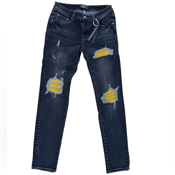 AMIRI | Jeans | Amiri Dark Blue Skinny Jeans With Yellow Highlights ...